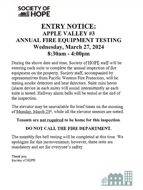 Apple Valley Building 3 Annual Fire Testing - Society of Hope