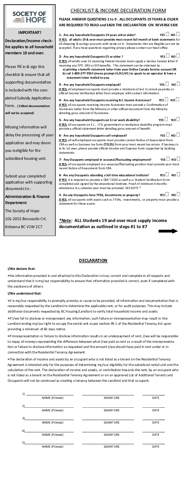 Checklist Declaration Form - Society of Hope